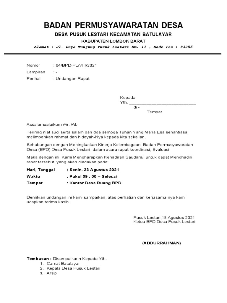 Undangan Rapat BPD Desa Pusuk Lestari | PDF