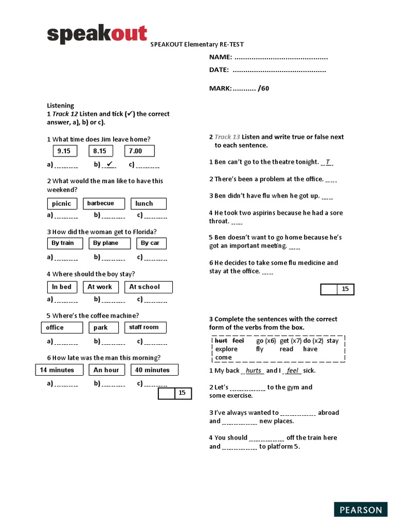 Speakout Elementary RE-TEST | PDF