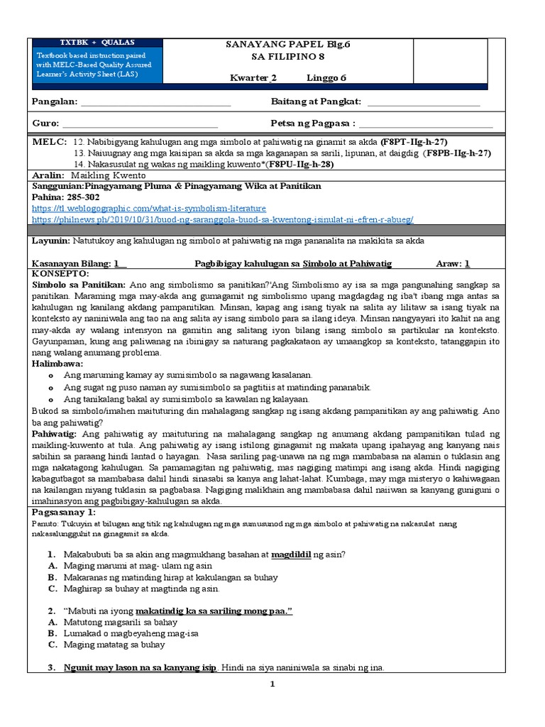 LAS Q2 Filipino 8 W6 | PDF