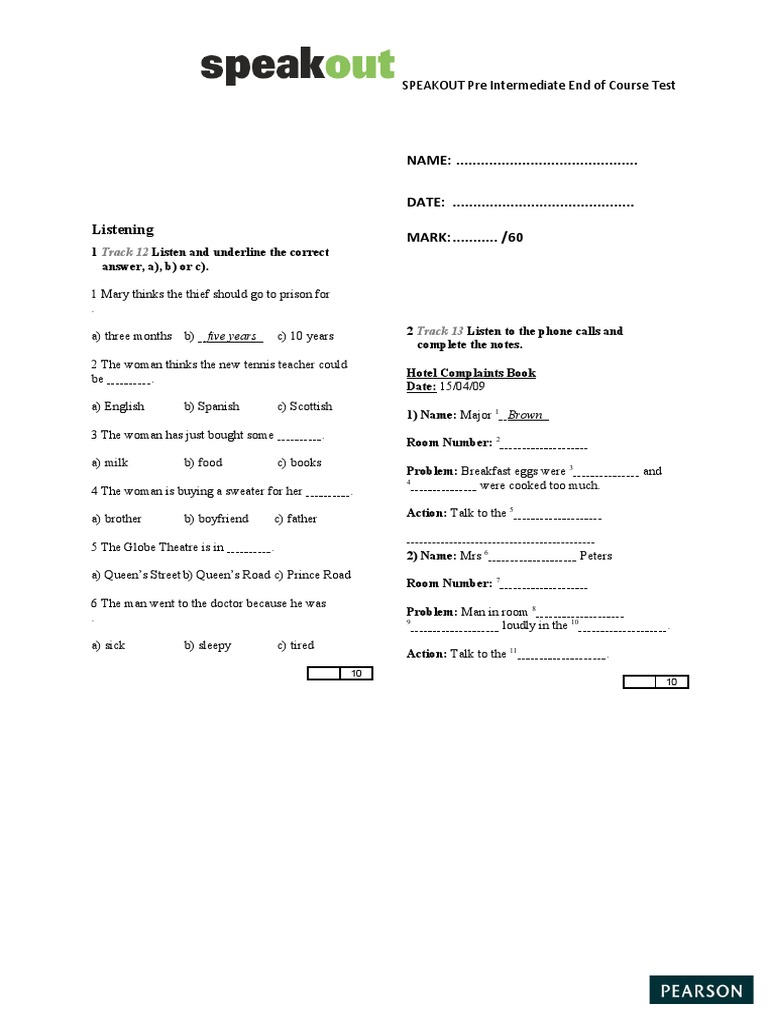 Pre Intermediate End of Course Test | PDF