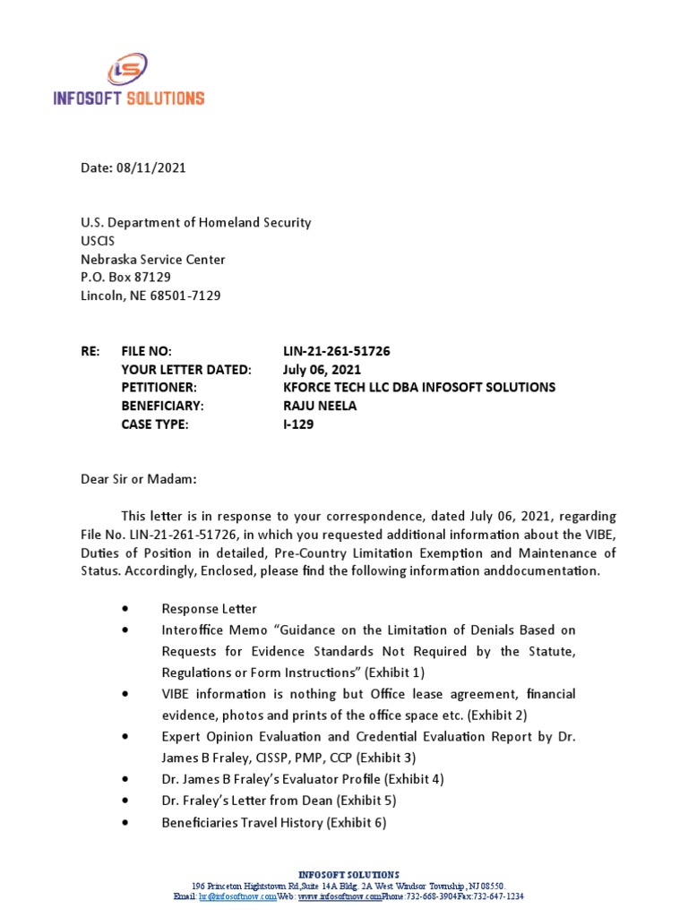 RFE Response - Raju Neela | PDF | Burden Of Proof (Law) | H 1 B Visa