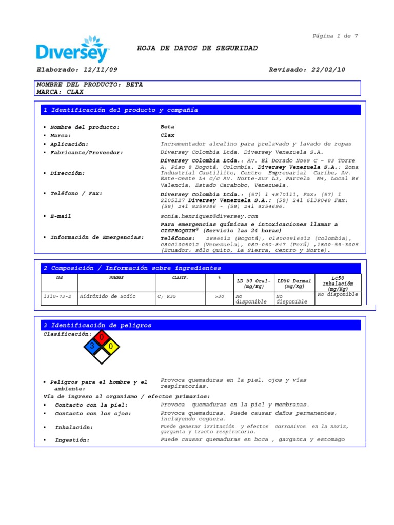 Hoja de Seguridad Clax Beta | PDF | Agua | Residuos