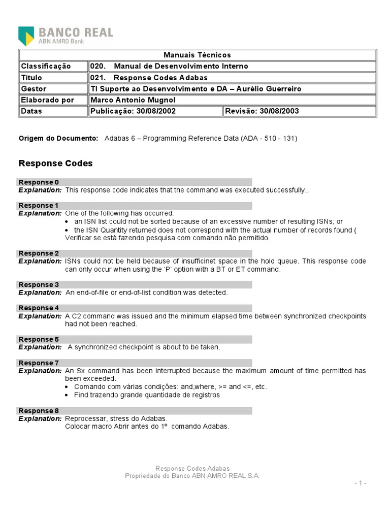 Response Codes: Origem Do Documento: Adabas 6 - Programming Reference ...
