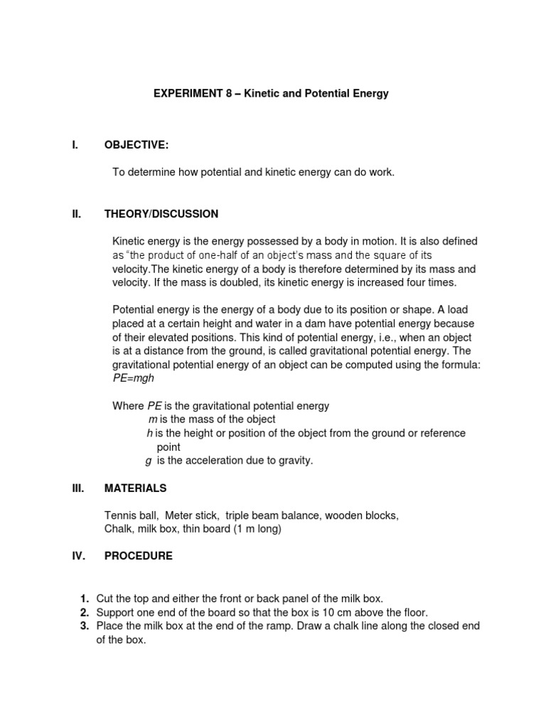 Experiment On Kinetic and Potential Energy | PDF | Potential Energy ...