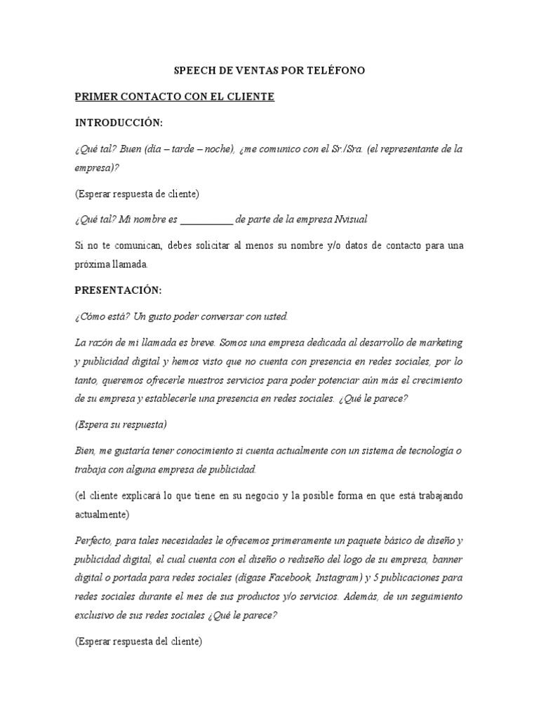 Speech de Ventas Por Teléfono | PDF | Cliente | Servicio de redes sociales