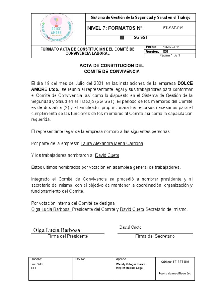 FT-SST-019 Formato Acta de Constitución Del Comité de Convivencia Laboral | PDF