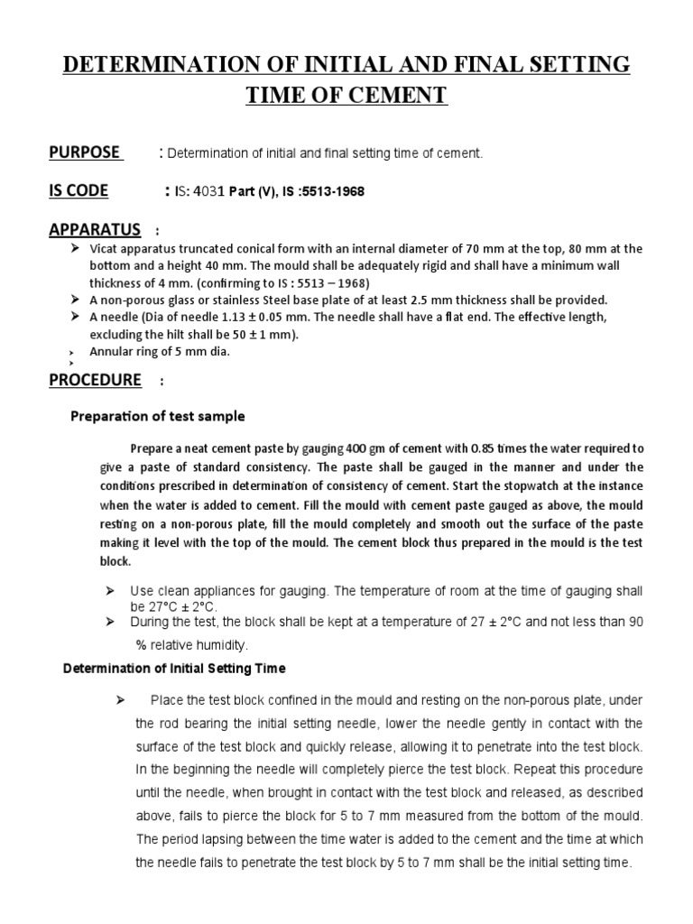 Initial and Final Setting Time of Cement | PDF | Building Materials ...