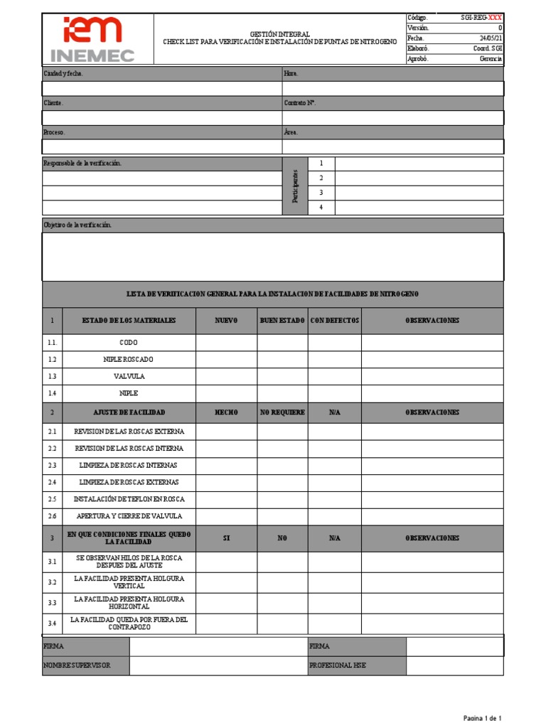 Check List para Verificación e Instalación de Puntas de Nitrogeno | PDF