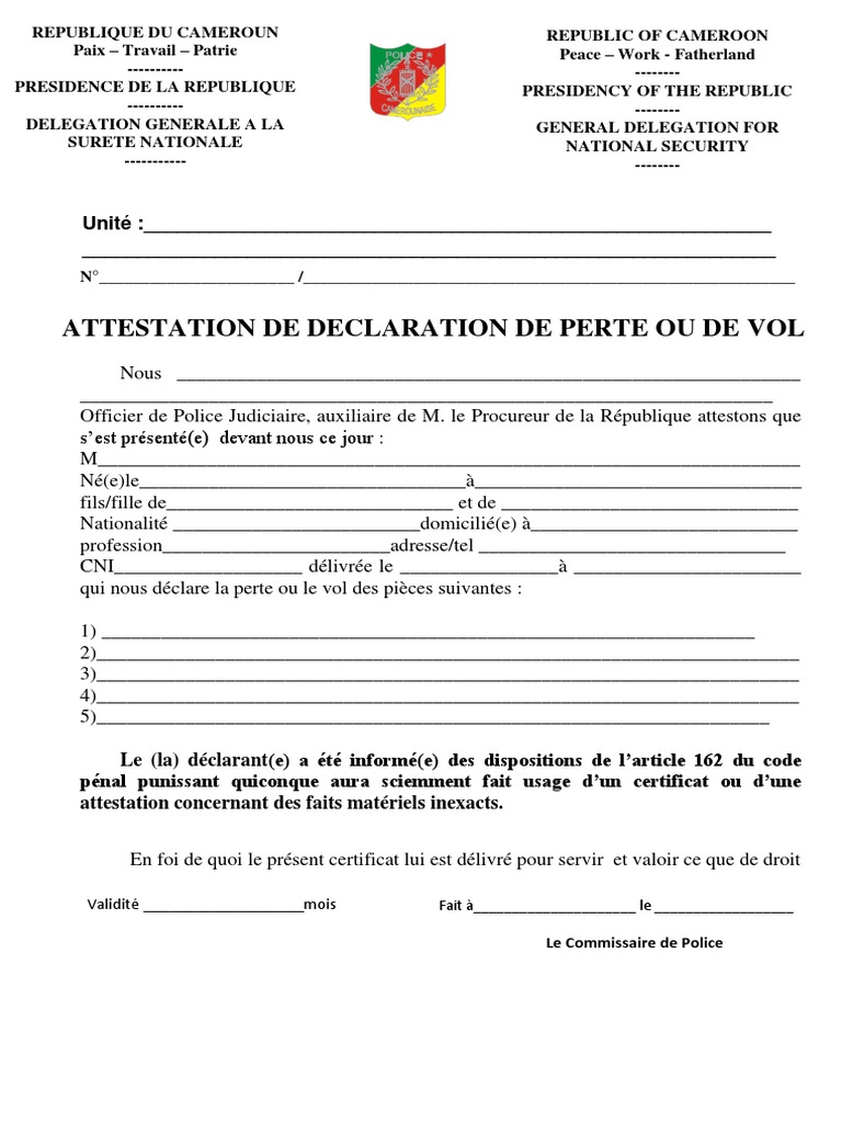 Attestation de déclaration de perte | PDF | Justice | Action légale