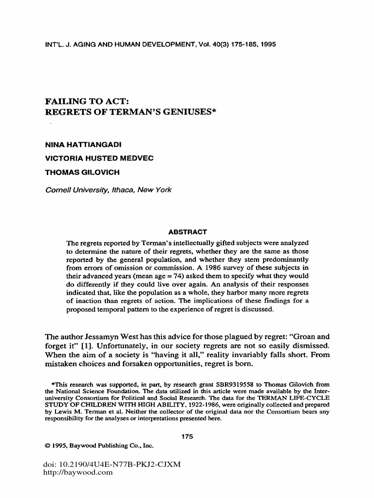 Failing To Act: Regrets of Terman'S Geniuses : Ithaca | PDF | Genius ...