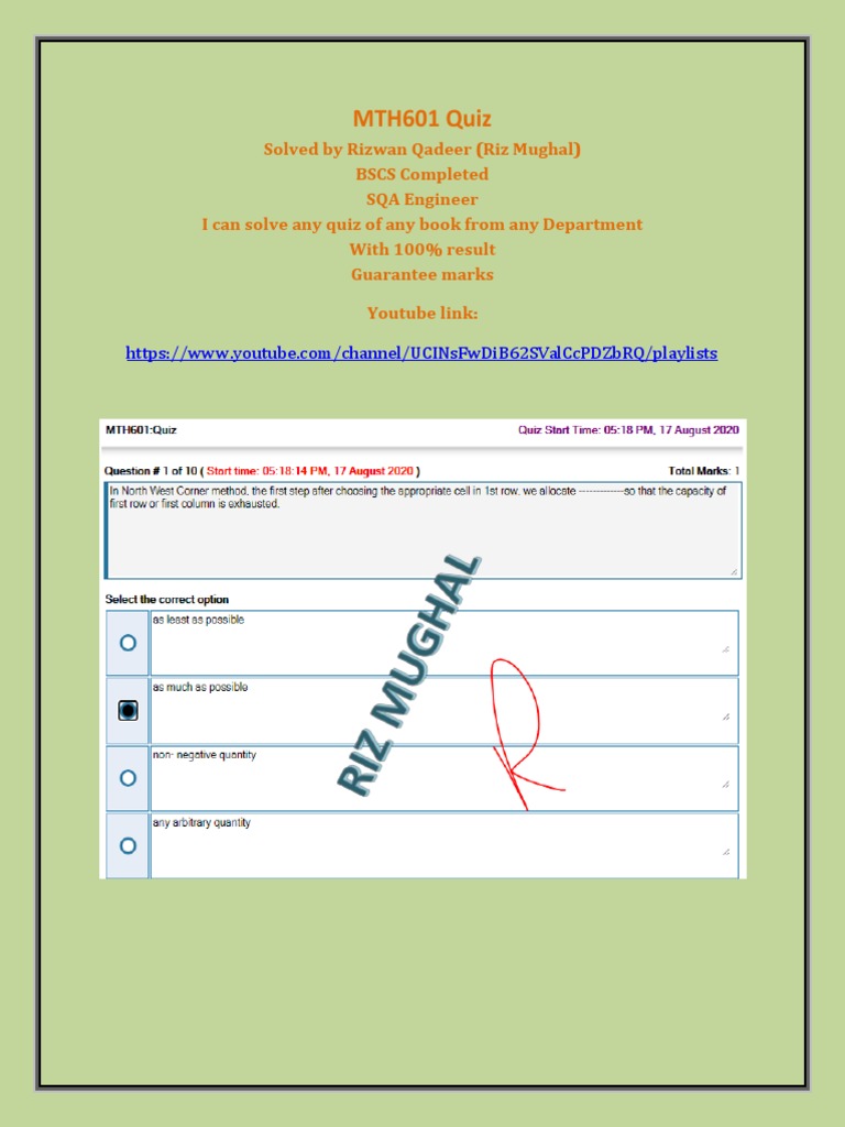 MTH601 Quiz Solved by Riz - MTH601 - Solved - MCQs | PDF