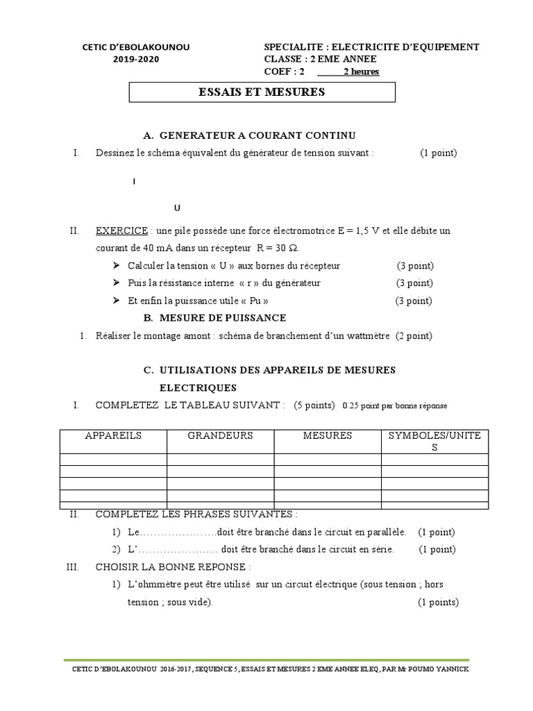 Essais et Mesures Électriques 2ème Année | PDF