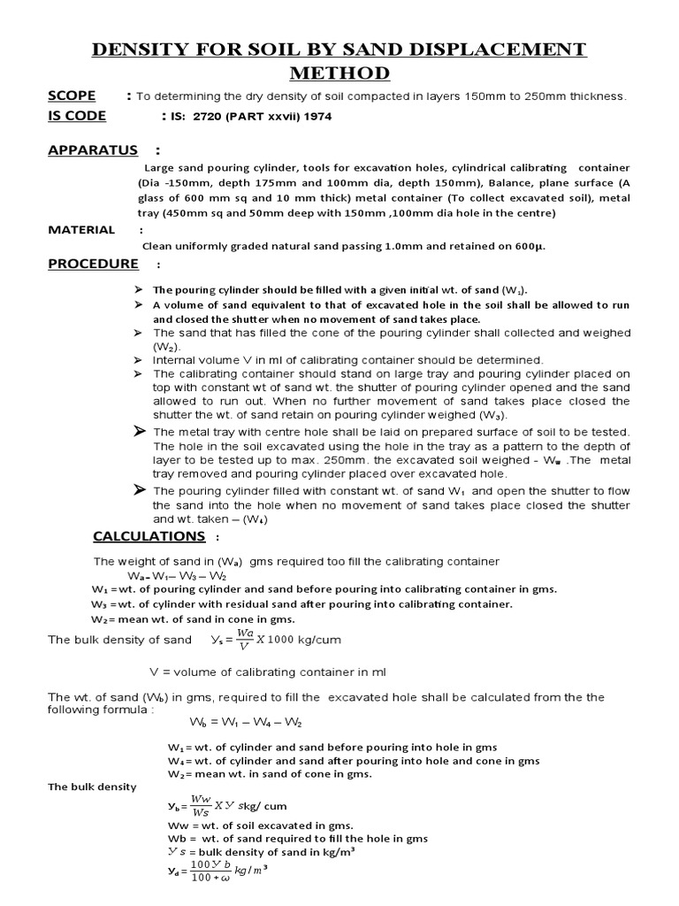 Density For Soil by Sand Displacement Method: Scope Is Code Apparatus ...