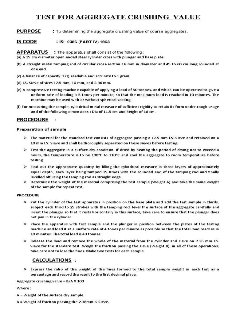Aggregate Crushing Value Test For Aggregate | PDF | Construction ...