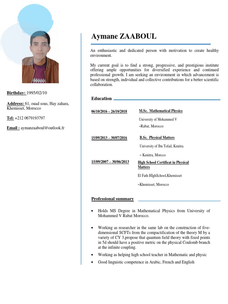 Aymane ZAABOUL CV | PDF | Applied And Interdisciplinary Physics | Theoretical Physics