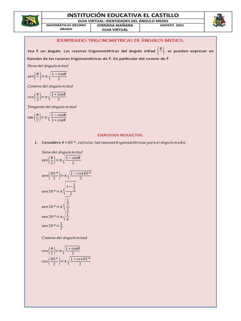 Guia Virtual Ángulos Medios | PDF | Funciones trigonométricas ...