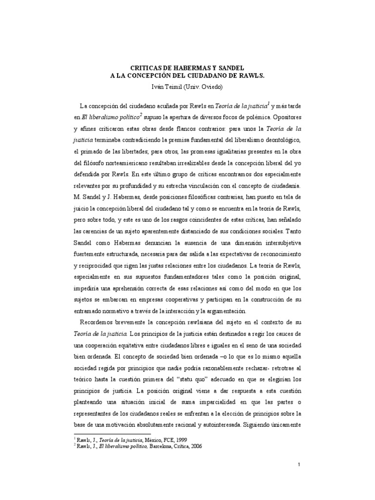Criticas de Habermas y Sandel A La Concepción Del Ciudadano de Rawls | PDF | John Rawls | Crimen ...