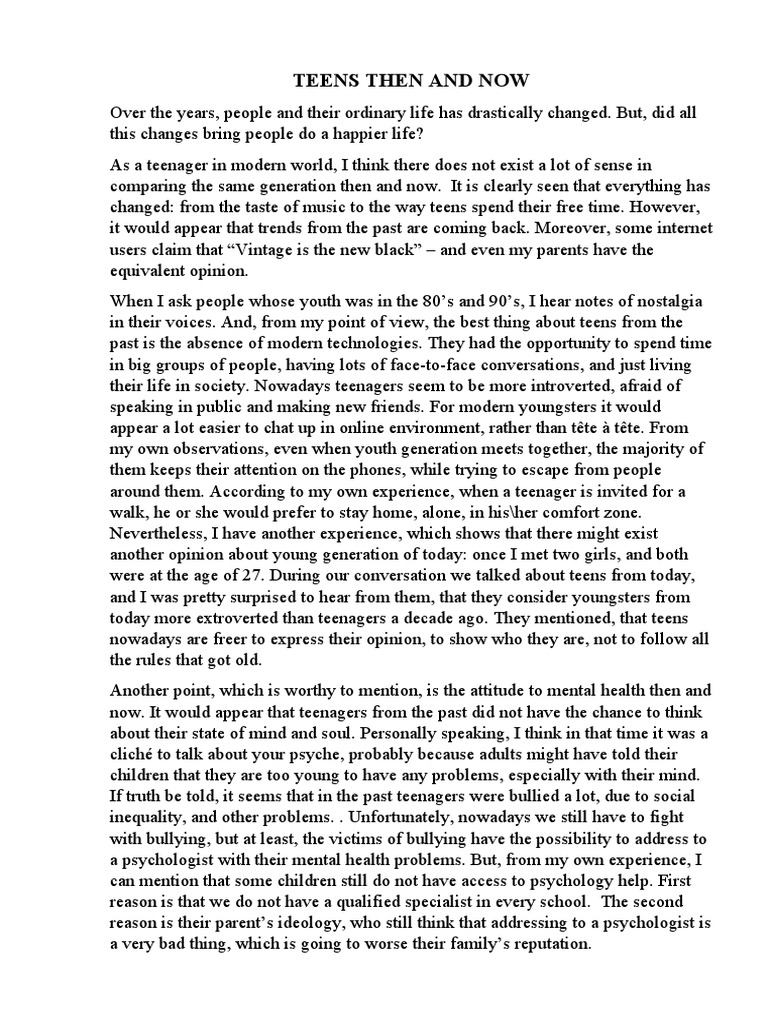 Teens Now and Then | PDF | Adolescence | Psychology