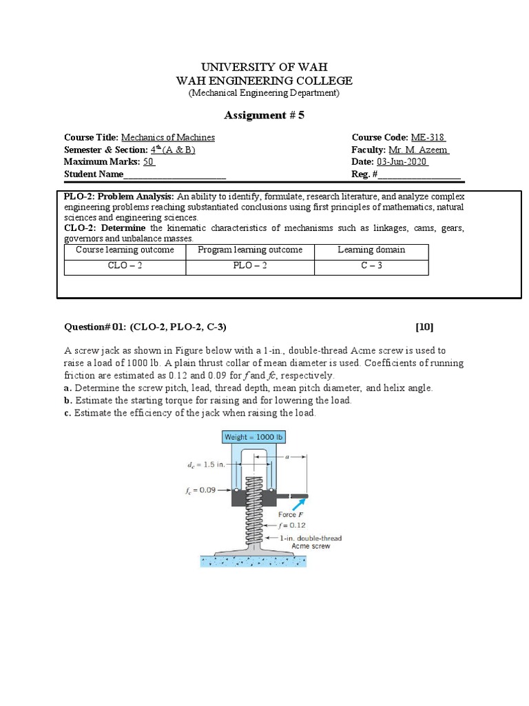 University of Wah Wah Engineering College: Assignment # 5 | PDF | Screw | Manufactured Goods