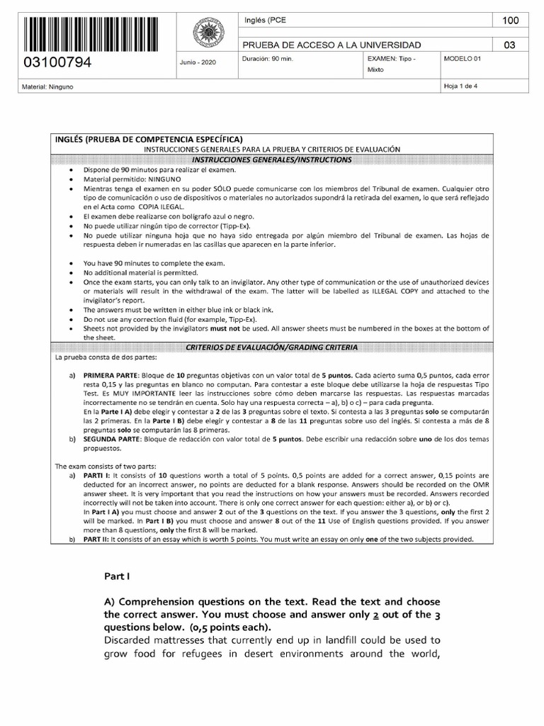 Examen Pce Uned Ingles 2020 | PDF