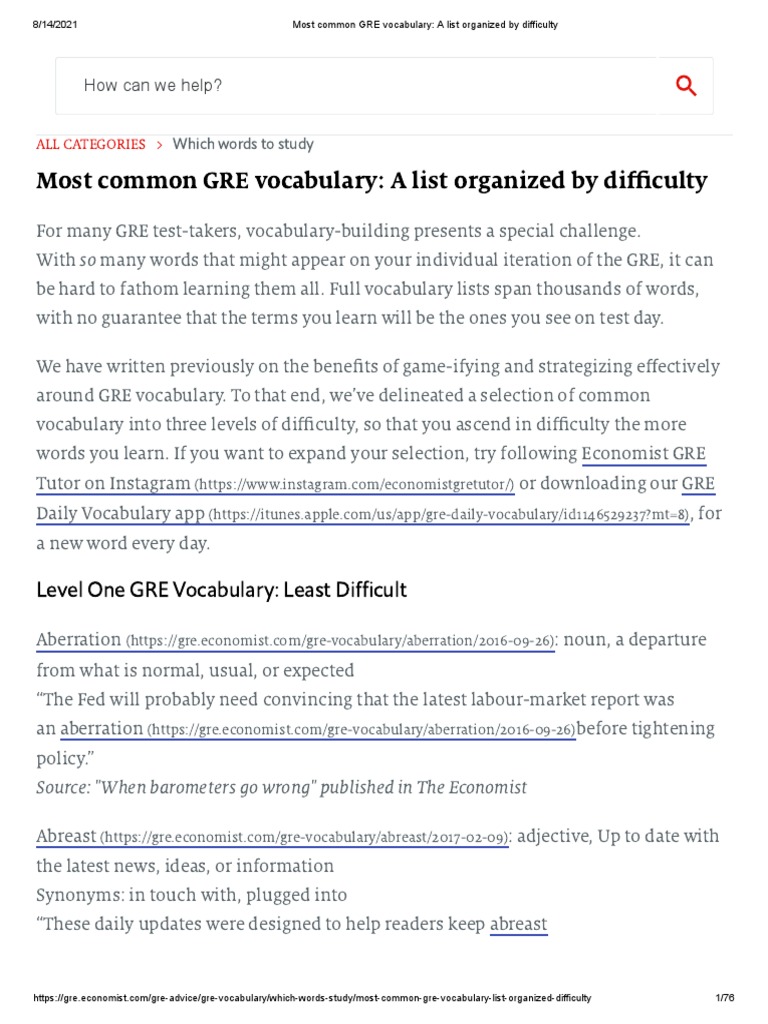 Most Common GRE Vocabulary - A List Organized by Difficulty | PDF ...