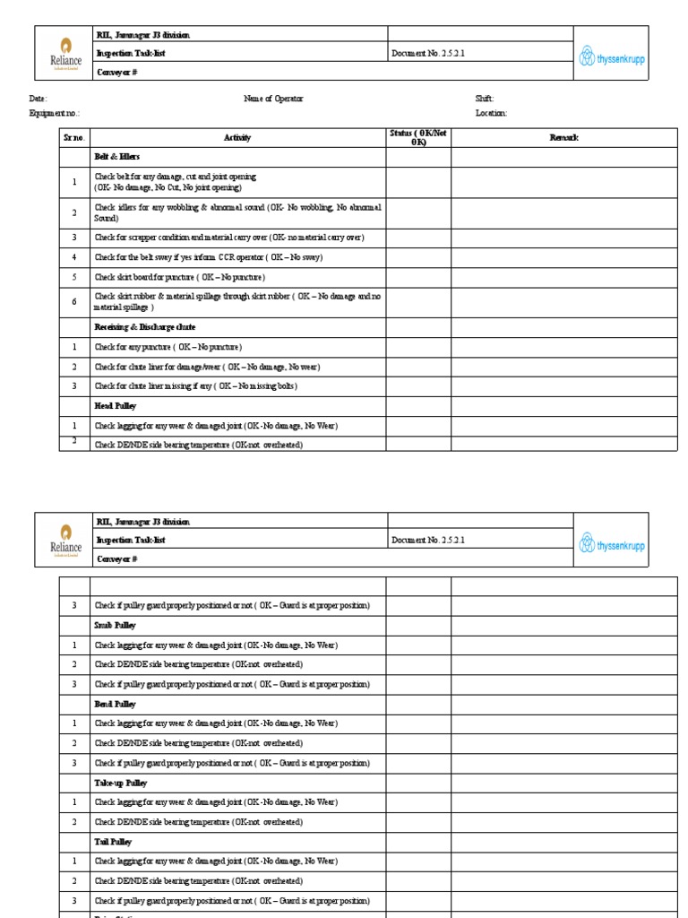 2.5.2.1 Inspection Task List - Conveyors | Download Free PDF | Belt ...
