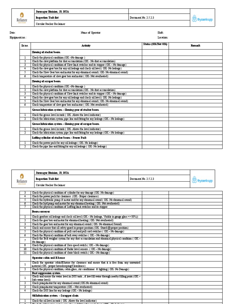 2.5.2.3 Inspection Task List - Circular Stacker Reclaimer | PDF ...