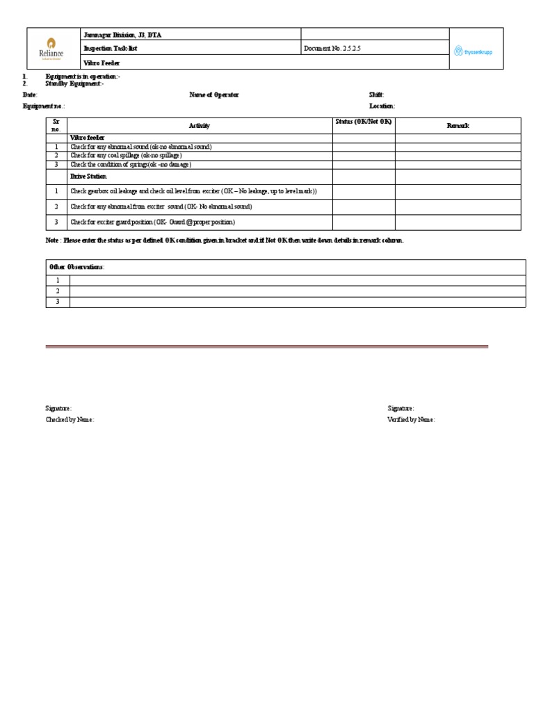 2.5.2.5 Inspection Checklist For Vibro Feeder | PDF