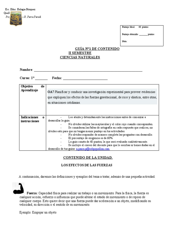 Guia 1 Contenidos Ciencias 8°básico | PDF | Fuerza | Gravedad