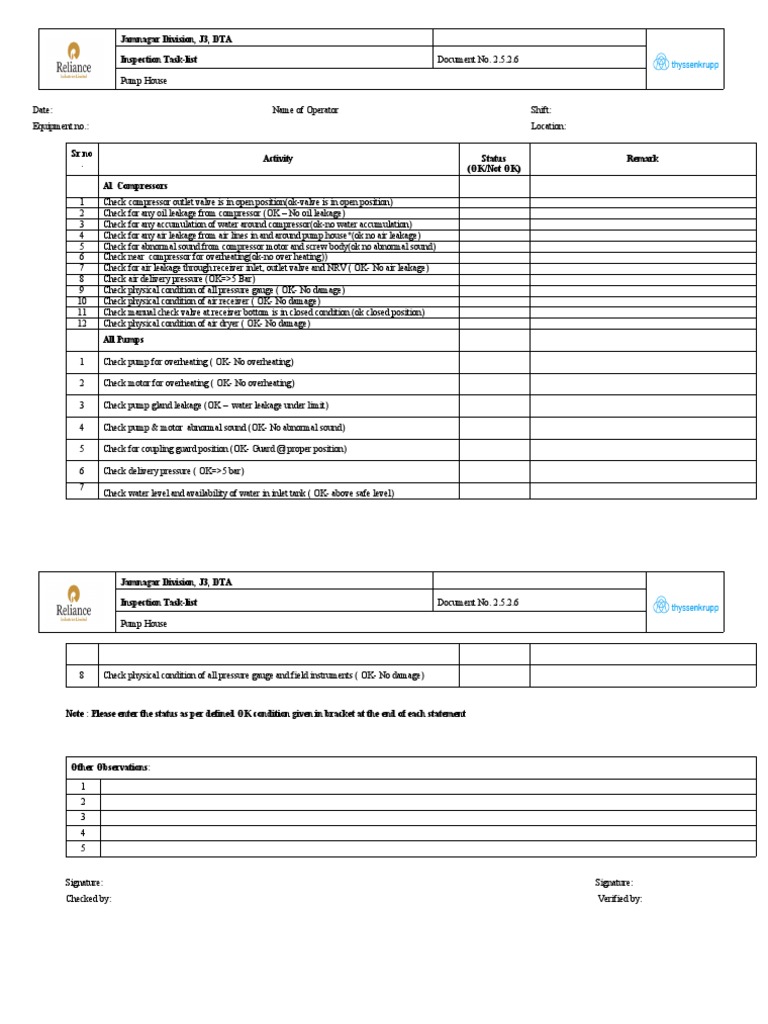 Pump House Inspection Checklist | PDF | Pump | Valve