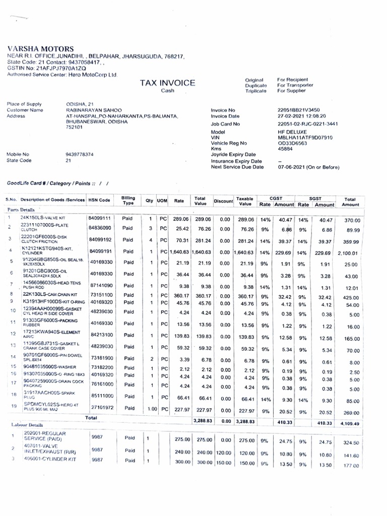 Bike Engine Work Invoice | PDF | Invoice | Vehicles