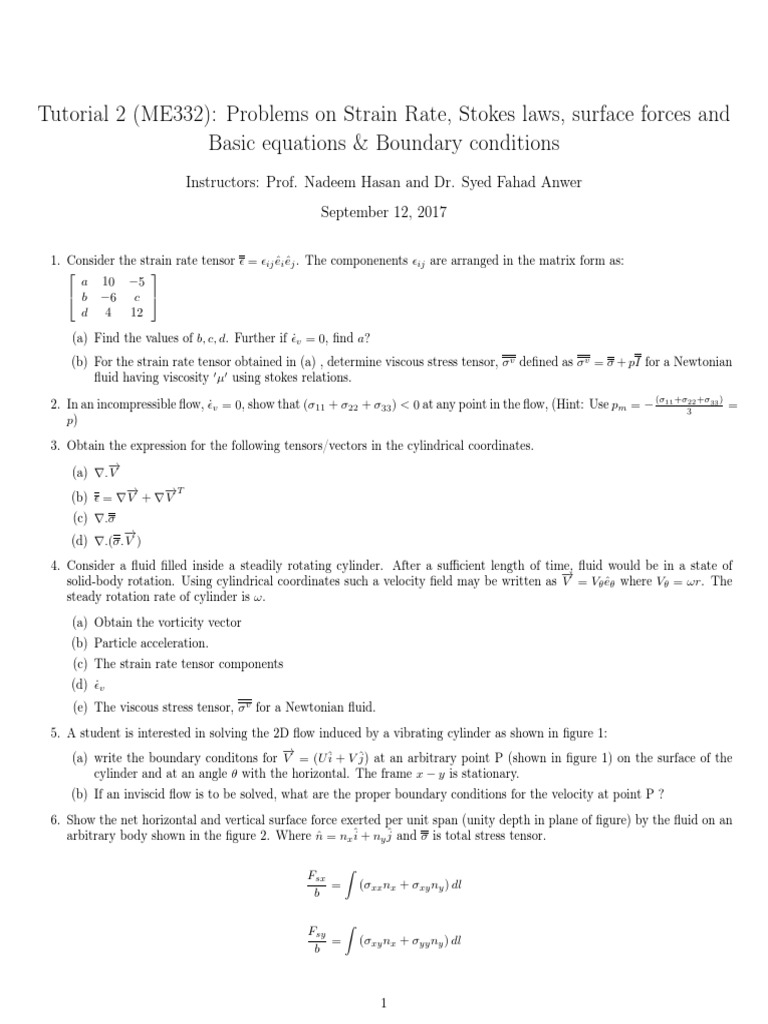 Tutorial 2 (ME332) : Problems On Strain Rate, Stokes Laws, Surface ...