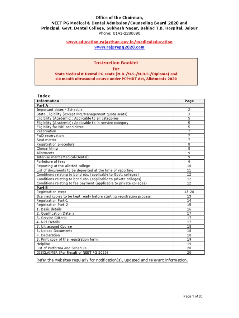 Instructions Booklet Pre PG 2020 18.03.2020 Combined | PDF | Dental Degree | Notary Public