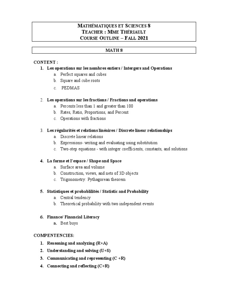 Math8 Course Outline Fall2021 | PDF | Theory | Science