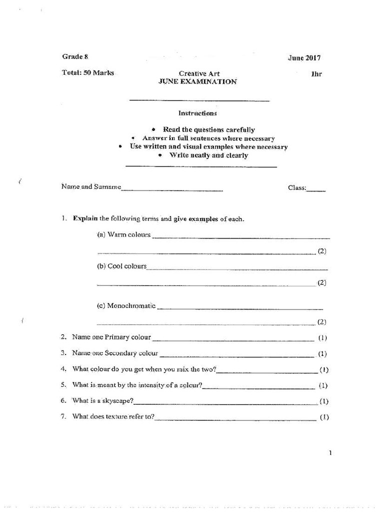 Grade 8 Creative Art Exam | PDF
