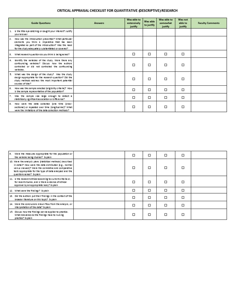 Critical Appraisal Checklist For Quantitative Descriptive Research v.1 ...