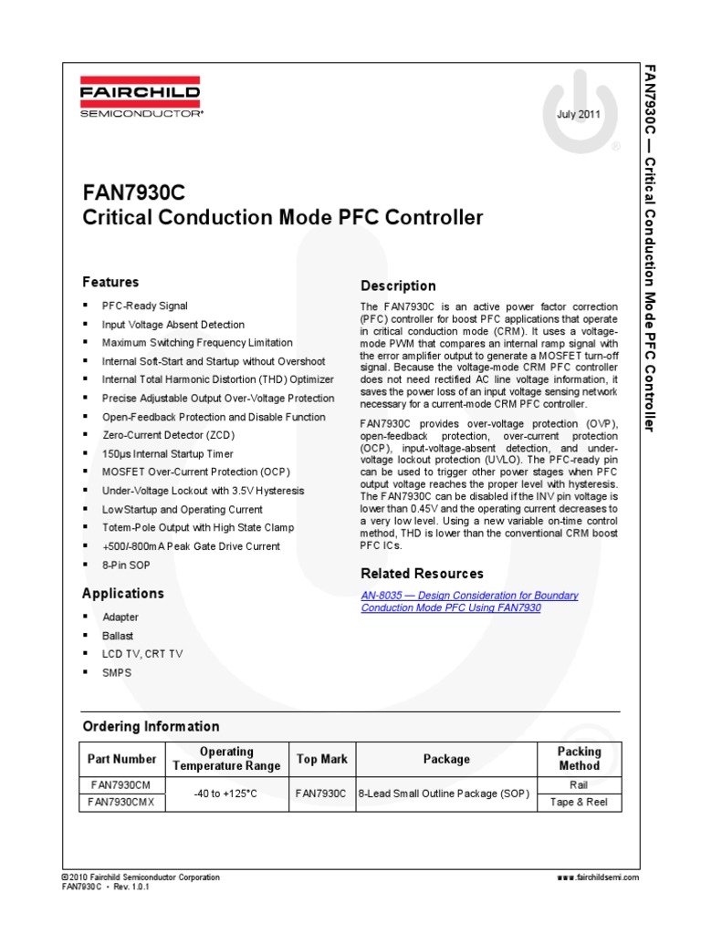 FAN7930C Critical Conduction Mode PFC Controller: Features Description | PDF | Amplifier | Mosfet