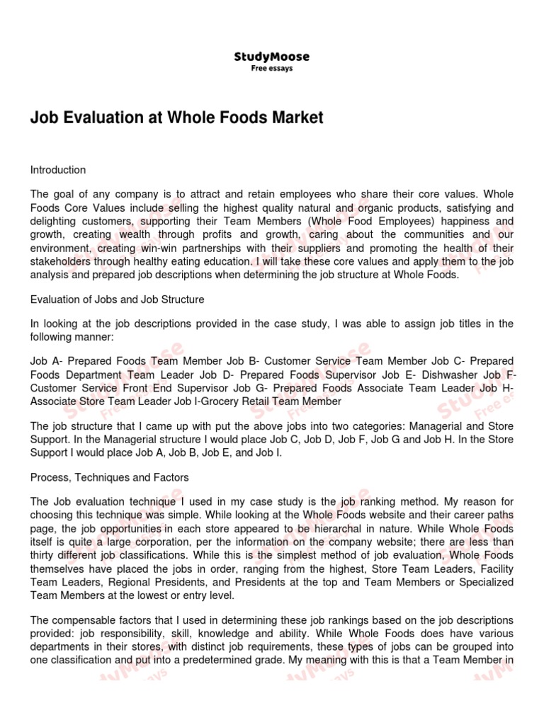 Job Evaluation at Whole Foods Market | PDF | Foods | Whole Foods Market