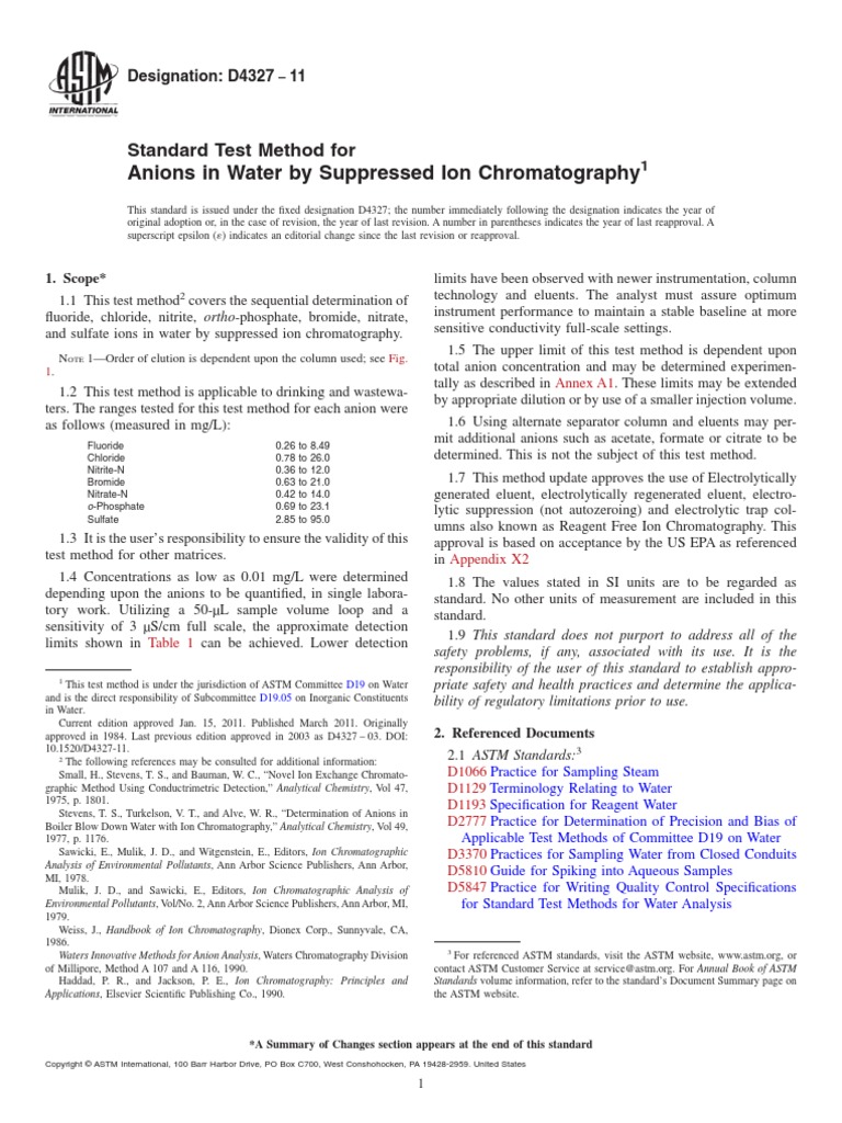 Anions in Water by Suppressed Ion Chromatography: Standard Test Method ...