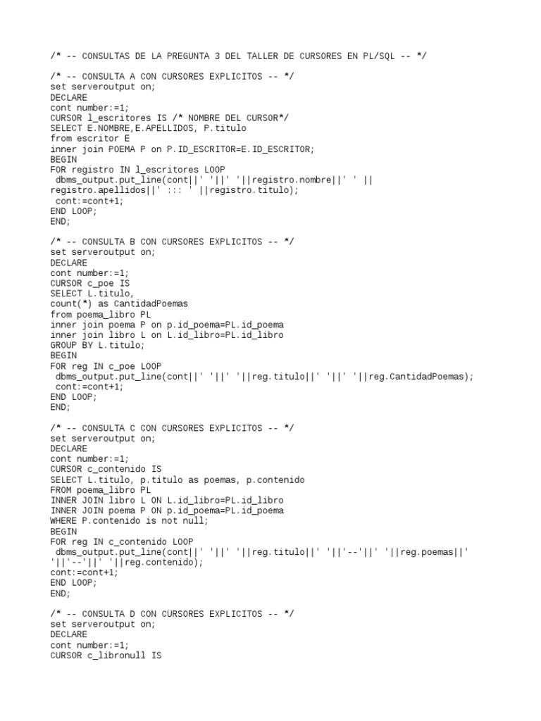 Consultas de Cursores PLSQL | PDF | Software propietario | Bases de datos