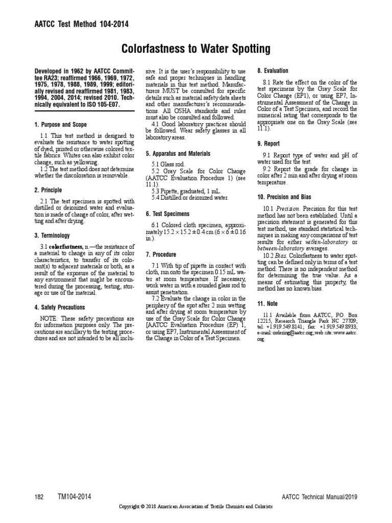 AATCC 104 Colorfastness To Water Spotting | PDF