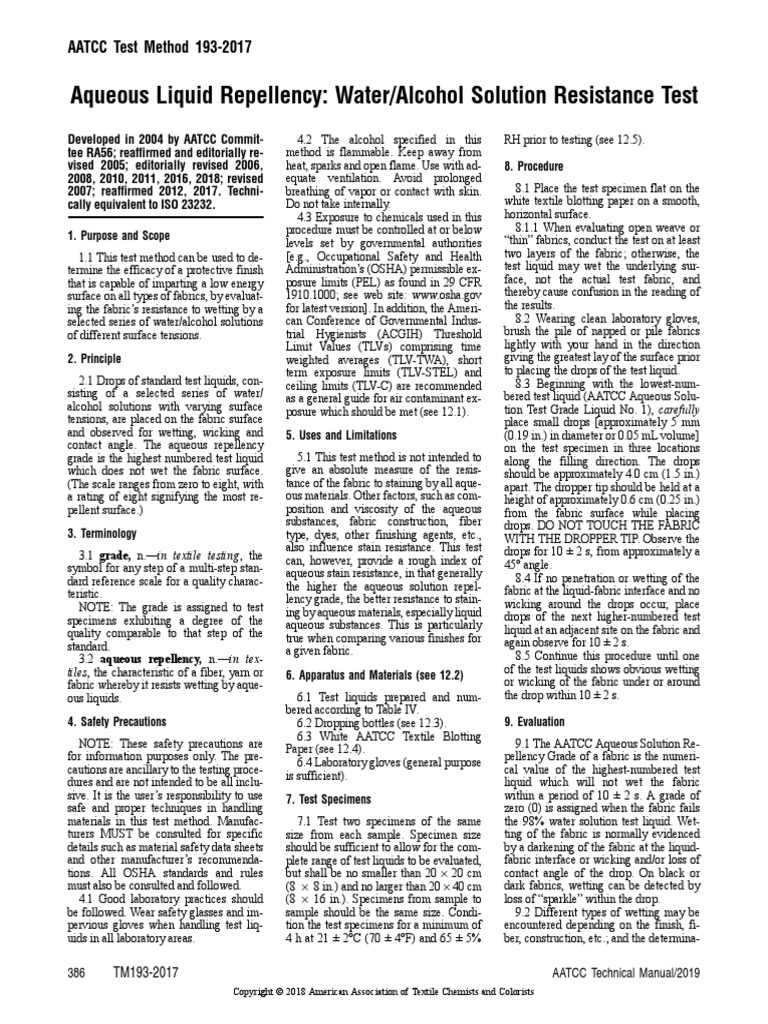 Aqueous Liquid Repellency: Water/Alcohol Solution Resistance Test | PDF ...