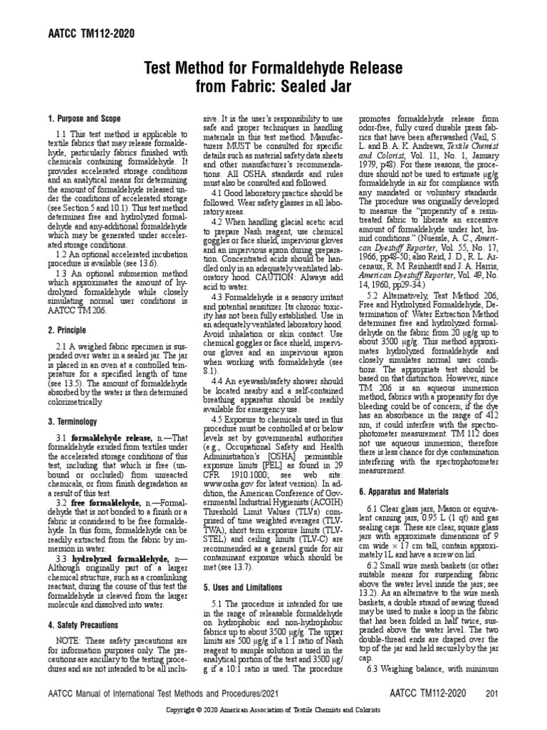 Test Method For Formaldehyde Release From Fabric: Sealed Jar | Download ...