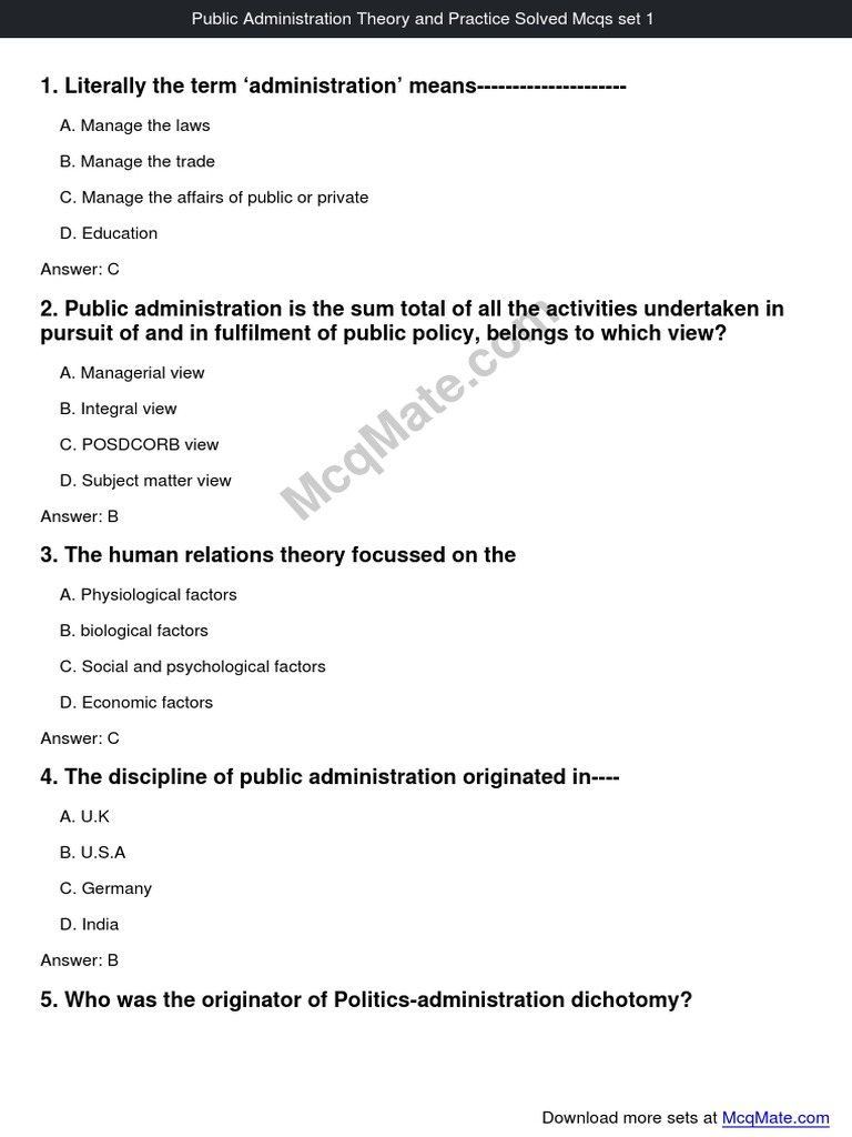 Public Administration MCQs and Answers | PDF | Public Administration ...