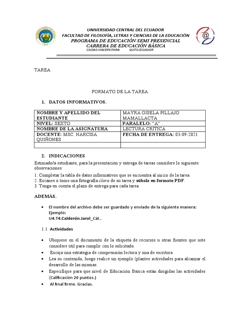 Tarea Ci. T4-U3 | PDF | Comprensión lectora | Palabra