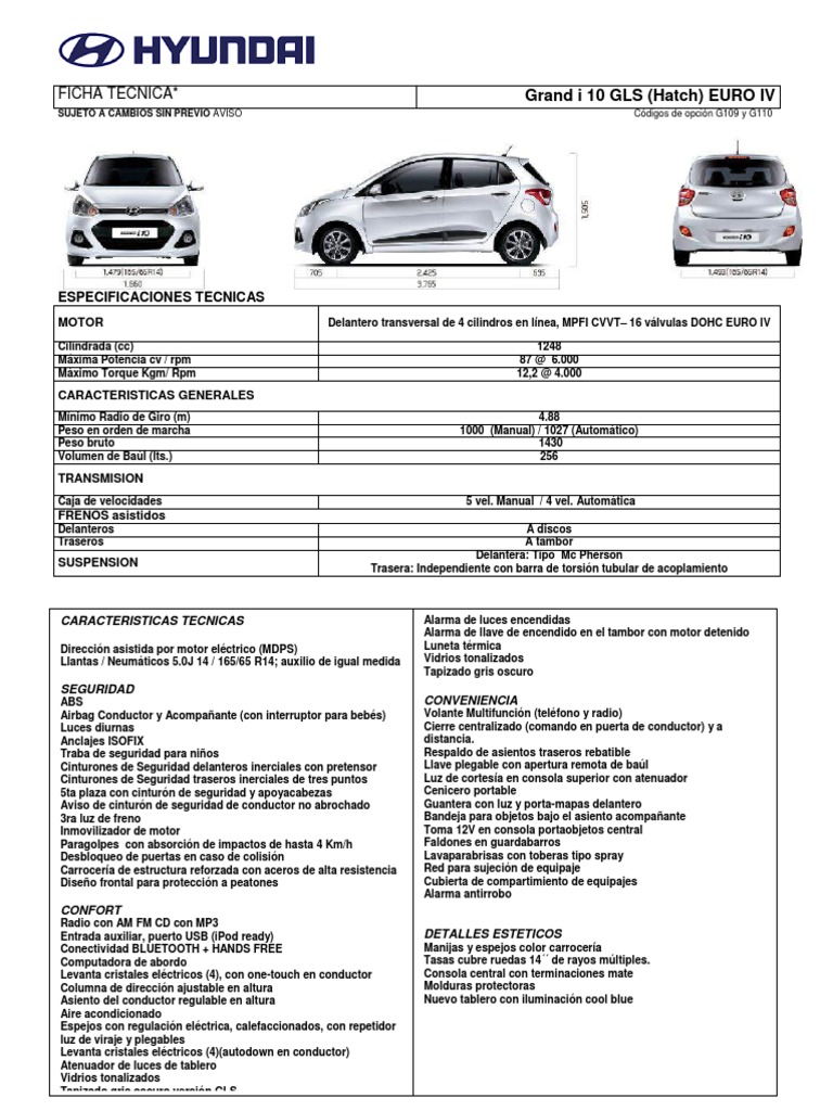 Ficha Técnica Hyundai Grand i10 Hatchback | PDF | Transmisión (Mecánica) | Transporte privado