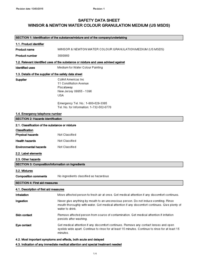 Safety Data Sheet Winsor & Newton Water Colour Granulation Medium (Us ...