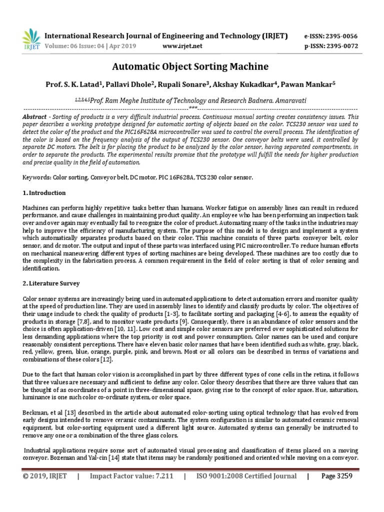 Automatic Object Sorting Machine: International Research Journal of ... Automatic Object Sorting Machine: International Research Journal of ...