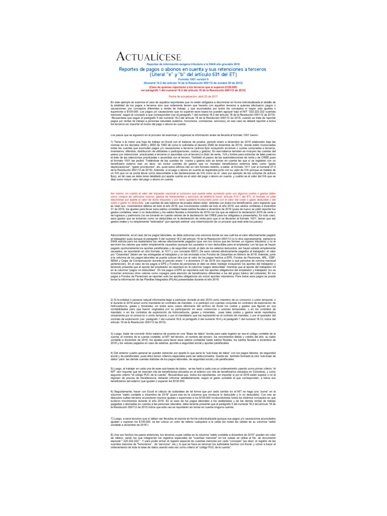 Formato 1001 Exógeno DIAN 2016 | PDF | Contabilidad | Salario