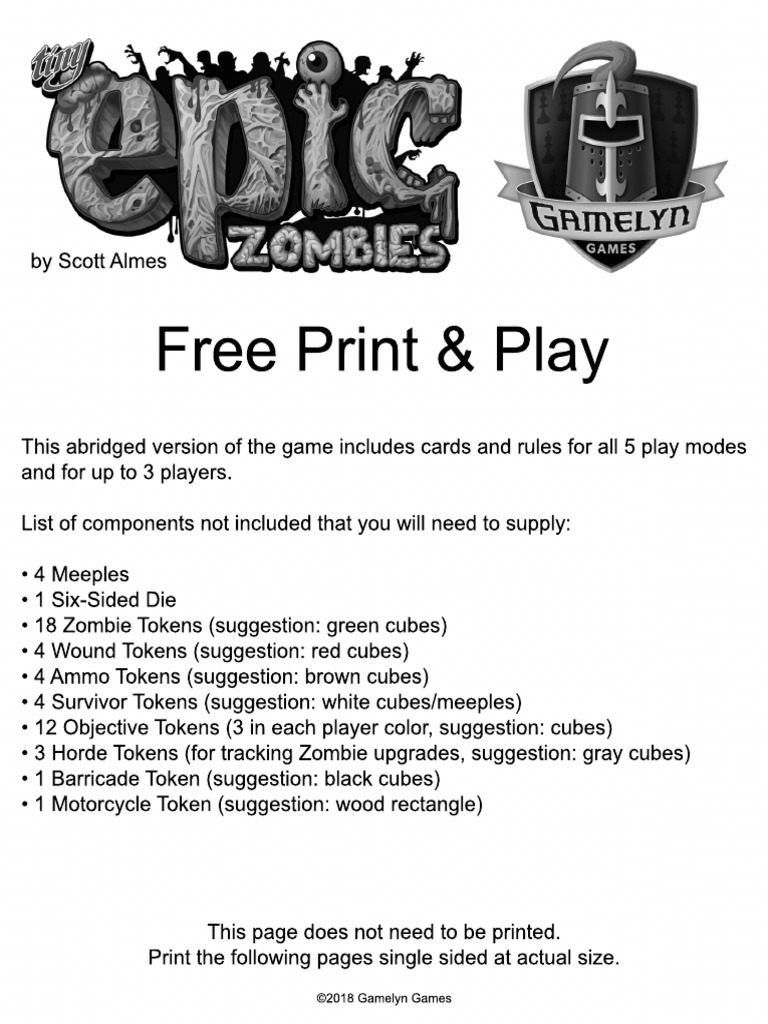 Tiny Epic Zombies FREE Prototype Print and Play (C) 2018 Gamelyn Games ...